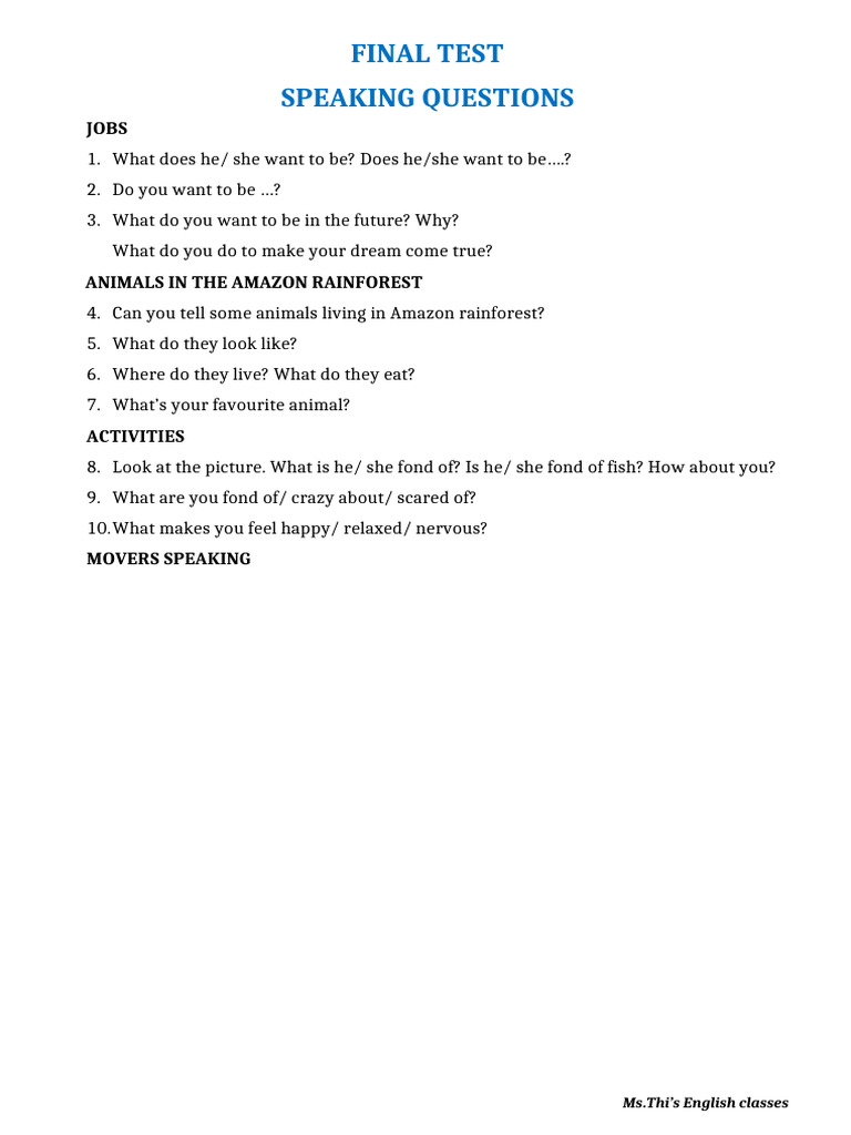 Movers A - Final Test - Speaking Questions | PDF