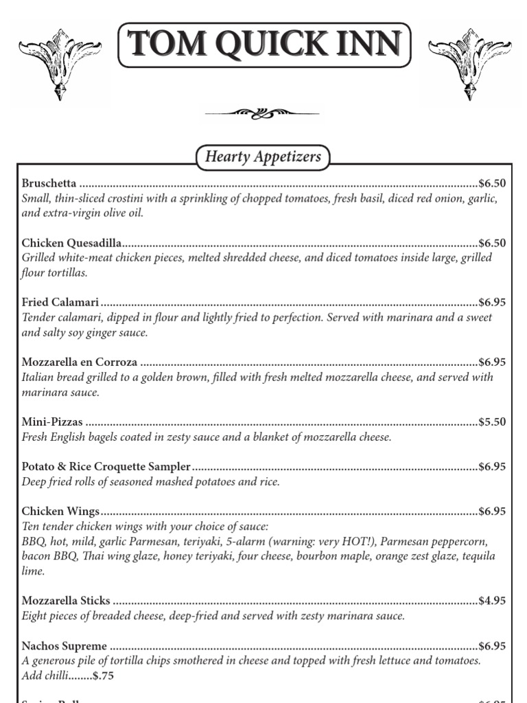 Tom Quick Inn Menu | PDF | Salad | Hamburgers