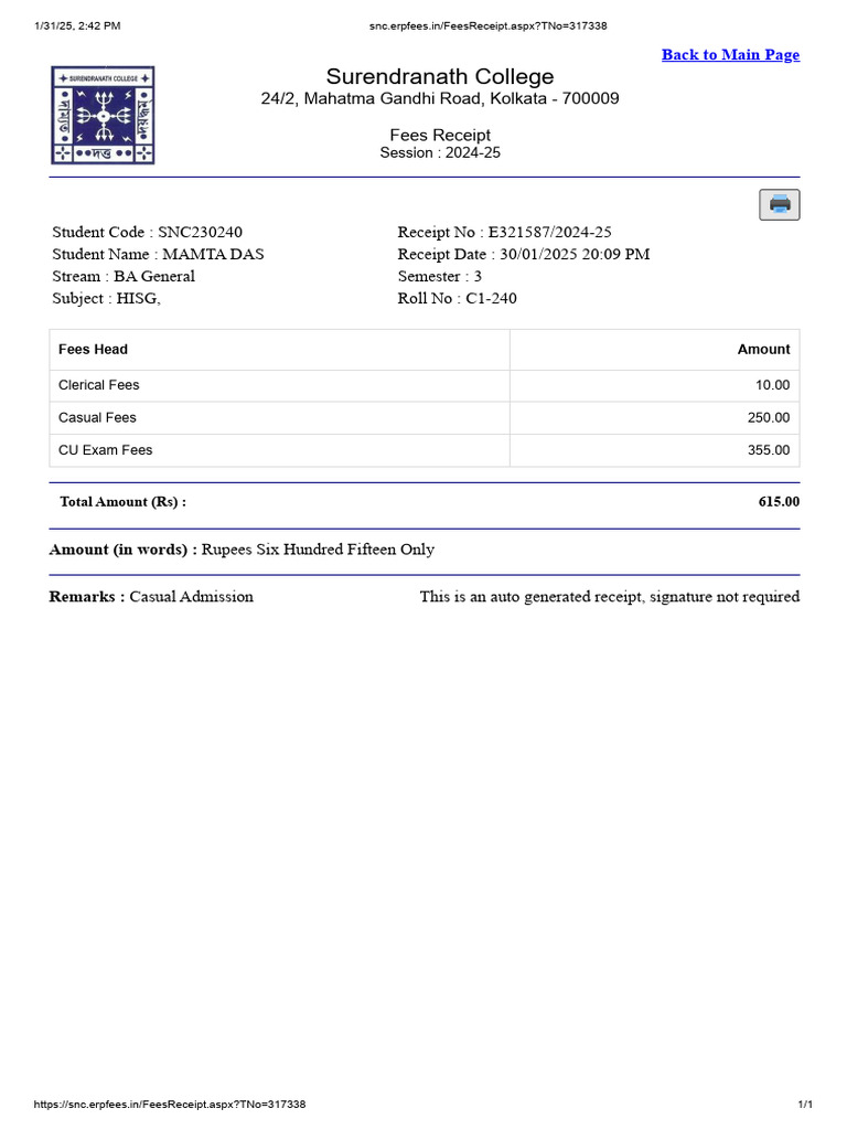SNC - Erpfees.in FeesReceipt - Aspx TNo 317338 | PDF