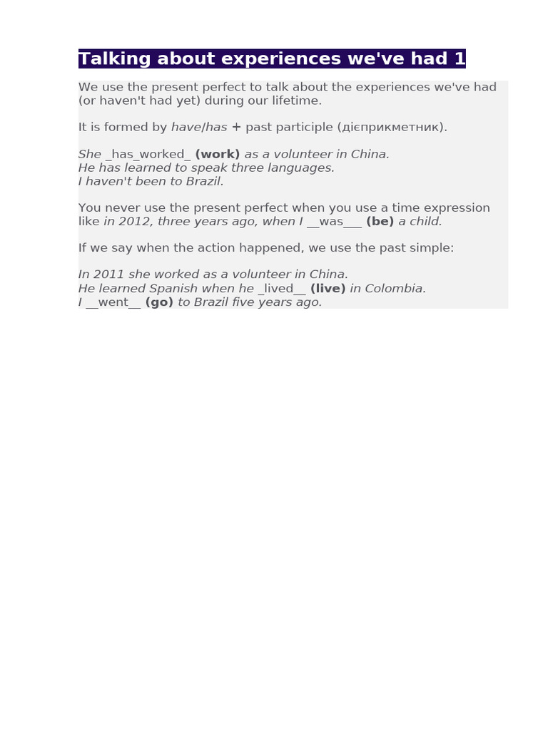 Present Perfect for Life Experiences | PDF