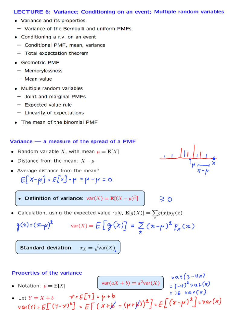 Lecture 6 - Variance, Conditioning on an eventm Multiple random ...