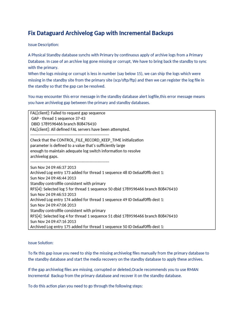 Fix Dataguard Archivelog Gap With Incremental Backups | PDF | Backup | Computer File