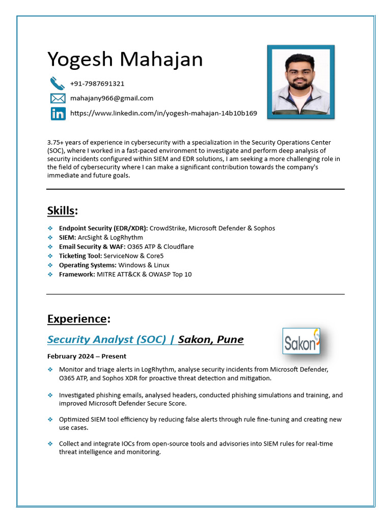 Yogesh Mahajan - SOC Analyst - 4yr Exp - Resume - Yogesh Mahajan | PDF | Computer Security ...