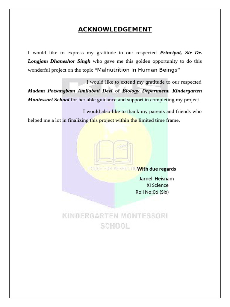 Acknowledgment for Malnutrition Project | PDF