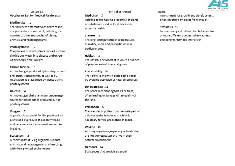 Tropical Rainforest Vocabulary List | PDF | Plants | Natural Environment