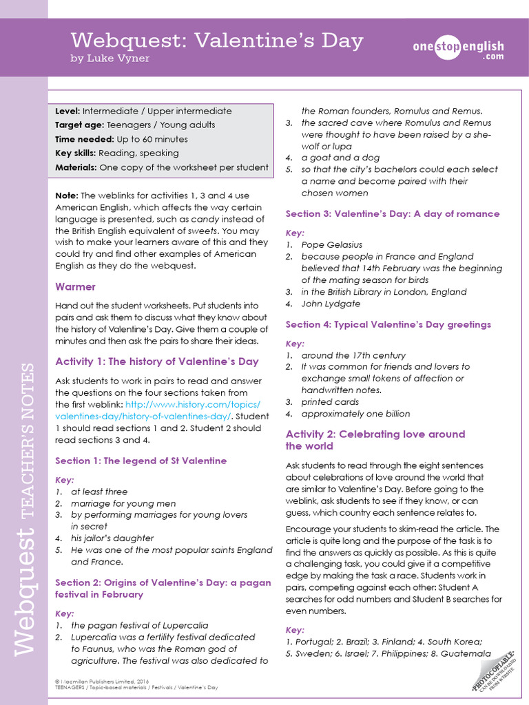 Valentines Day Webquest Teachers Notes | PDF | Valentine's Day
