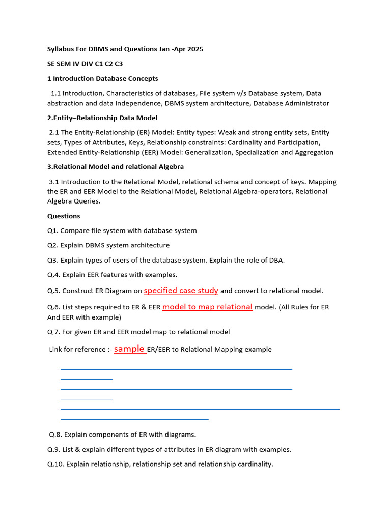 Syllabus - DBMS - QuestionsBank - PT1 | PDF