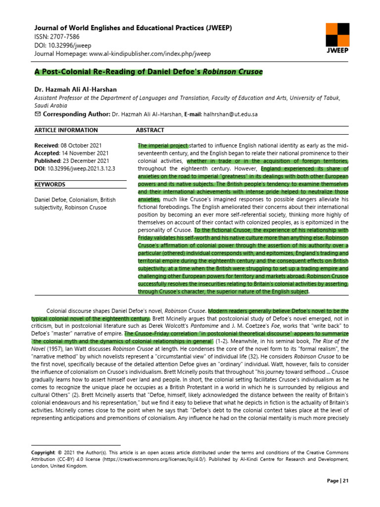 A Post Colonial Re Reading of Daniel Def 5505944c 1 | PDF | Robinson ...