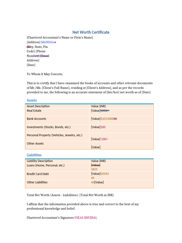 Net Worth Certification Document | PDF