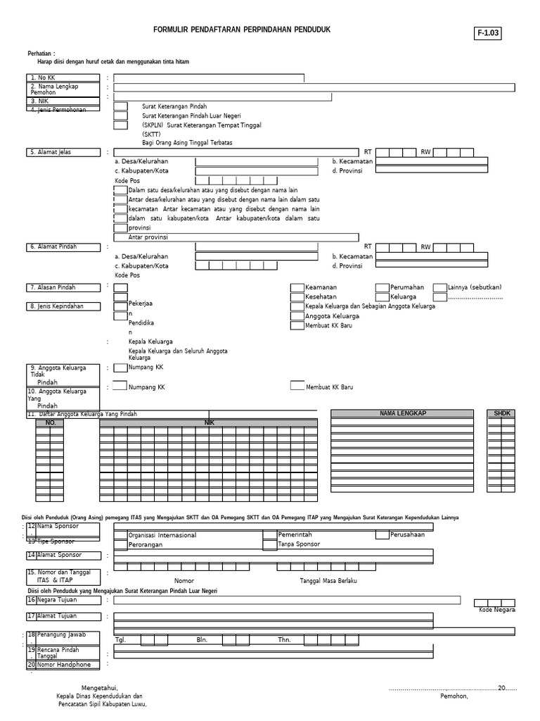Formulir F-1.03 Pendaftaran Perpindahan Penduduk | PDF