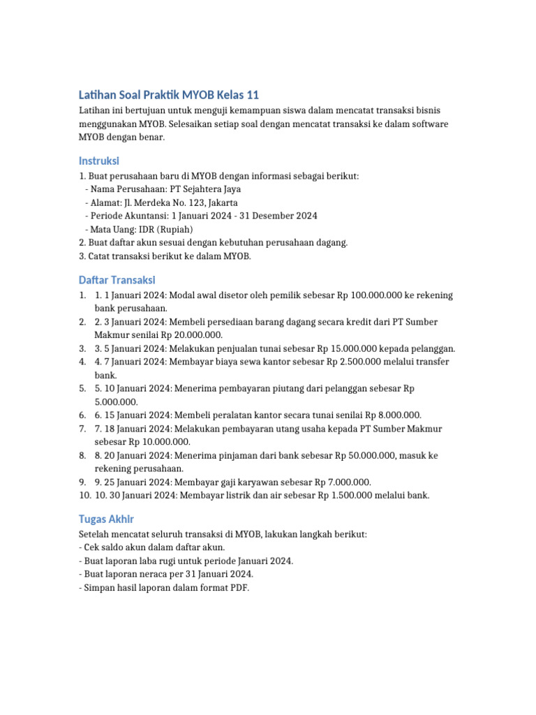 Latihan Soal Praktik MYOB Kelas 11 | PDF