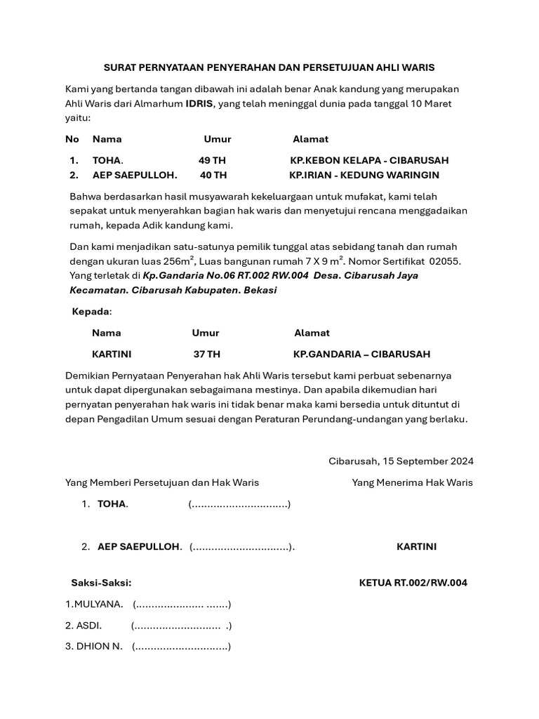 Surat Penyerahan Hak Waris | PDF