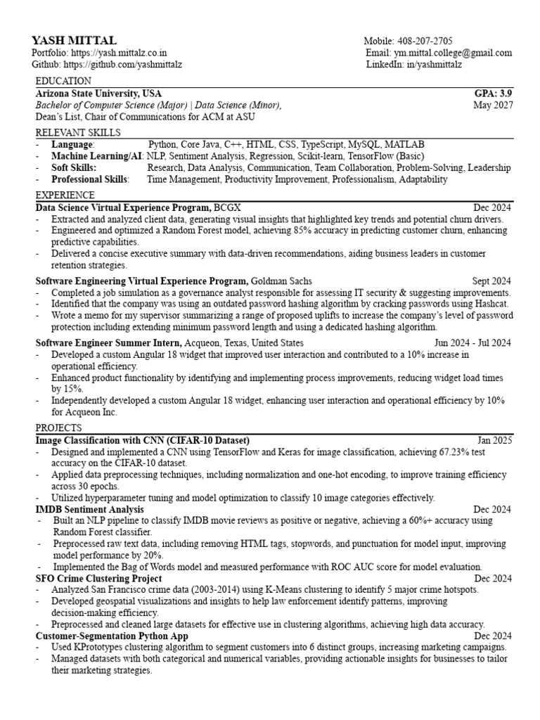 Resume - Yash Mittal - CS & DS - 2025 | PDF | Statistical ...