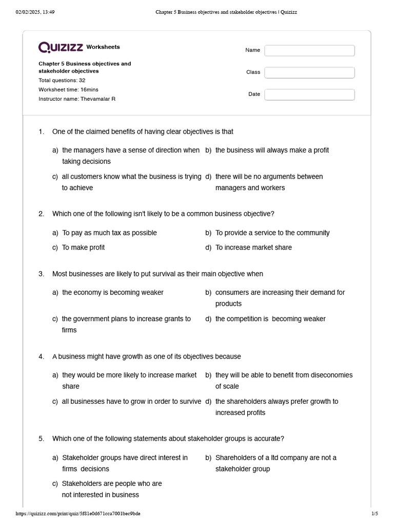 Business and Stakeholder Objectives Quiz | PDF | Stakeholder (Corporate ...