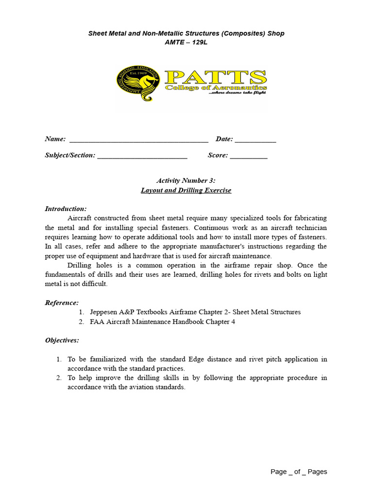 AMTE 129L ACT3 Layout and Drilling Exercise | PDF | Rivet | Sheet Metal