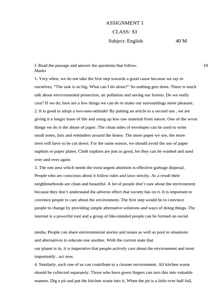 Assignment 1 Class Xi English | PDF | Stress (Biology) | Empathy