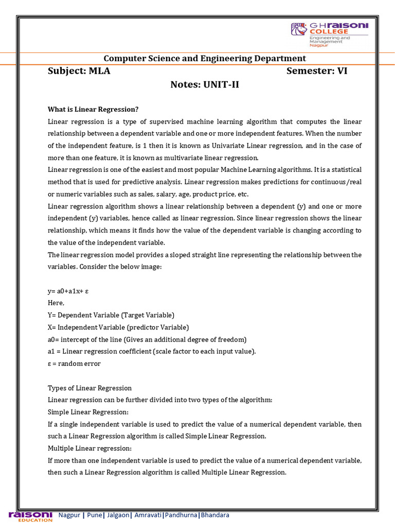 MLA_Unit-II | PDF | Linear Regression | Dependent And Independent Variables