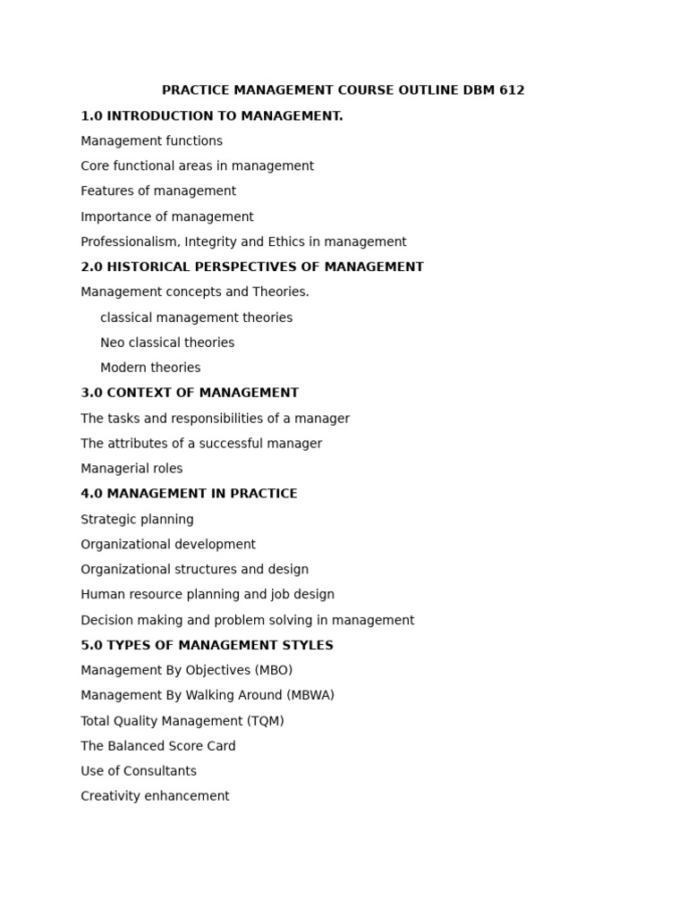 Practice Management Course Outline DBM 612 | PDF