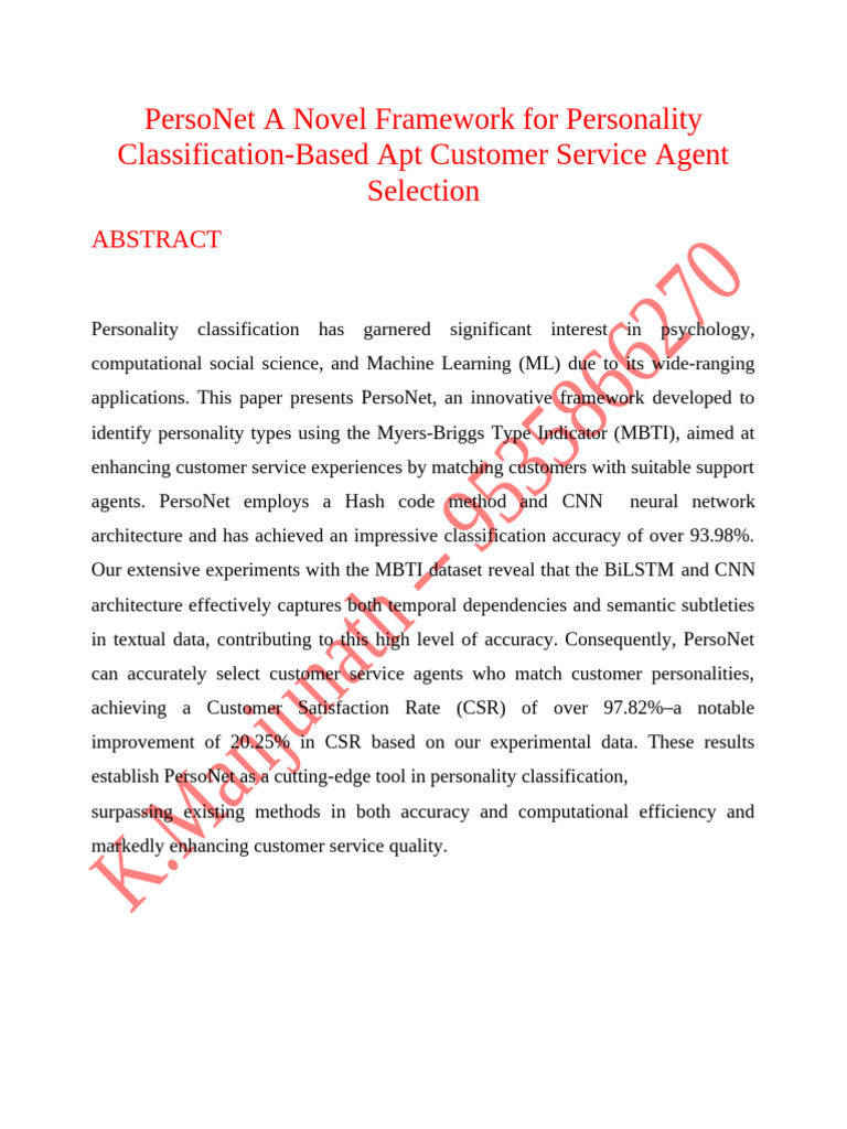 PersoNet: AI Framework for Personality-Based Agent Selection | PDF | Machine Learning ...