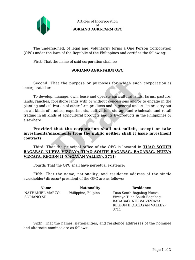 Articles of Incorporation-OPC | PDF | Private Law | Business