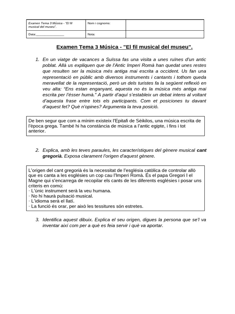 Examen Tema 3 Música - El Fil Musical Del Museu - CORRECCIÓ | PDF