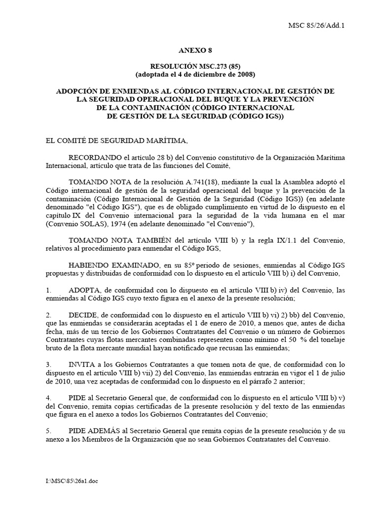 Circ - SMA - 5 - Anexo 1 - Codigo ISM Resolucion MSC 273 - 85 | PDF