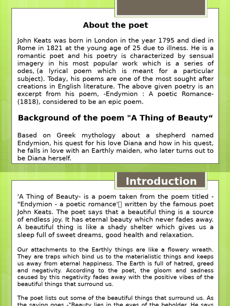 John Keats' "A Thing of Beauty" Analysis | PDF | Poetry | John Keats