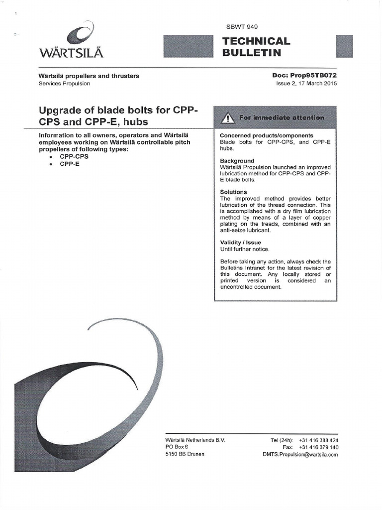 Wartsila Technical Bulletin Upgrade of Blade Bolts For Cpp-Cps and Cppp-E, Hubs | PDF