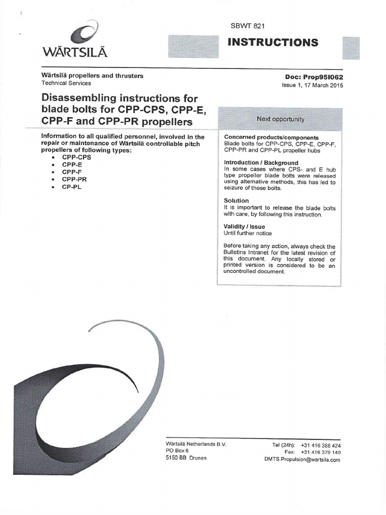 Wartsila Disassembling Instructions For Blade Bolts For CPP-CPS, Cpp-E, CPP-F QND CPP-PR ...