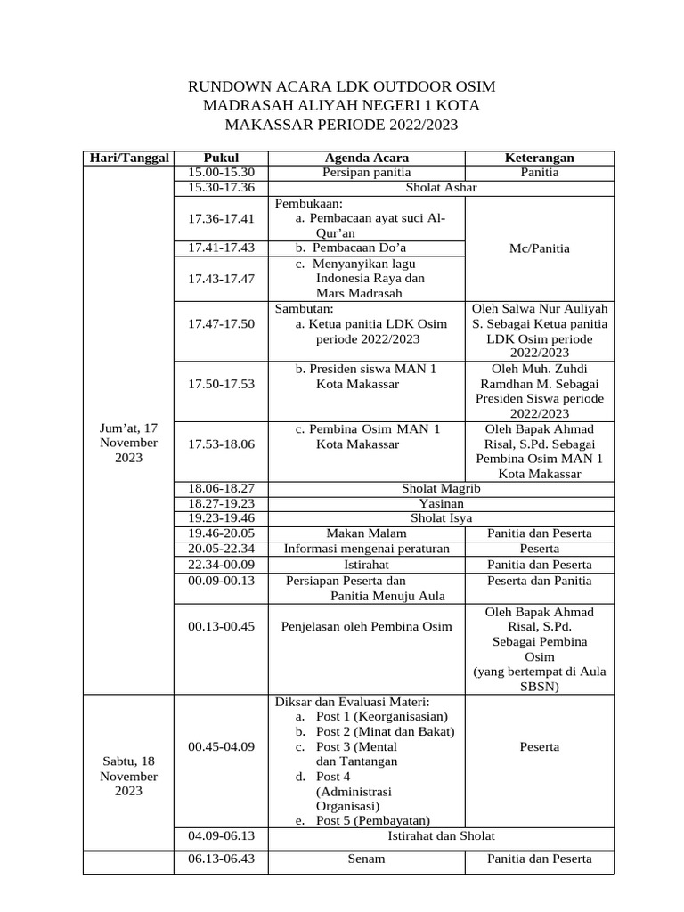 Rundown Acara LDK Outdoor Osim (Revisi) | PDF