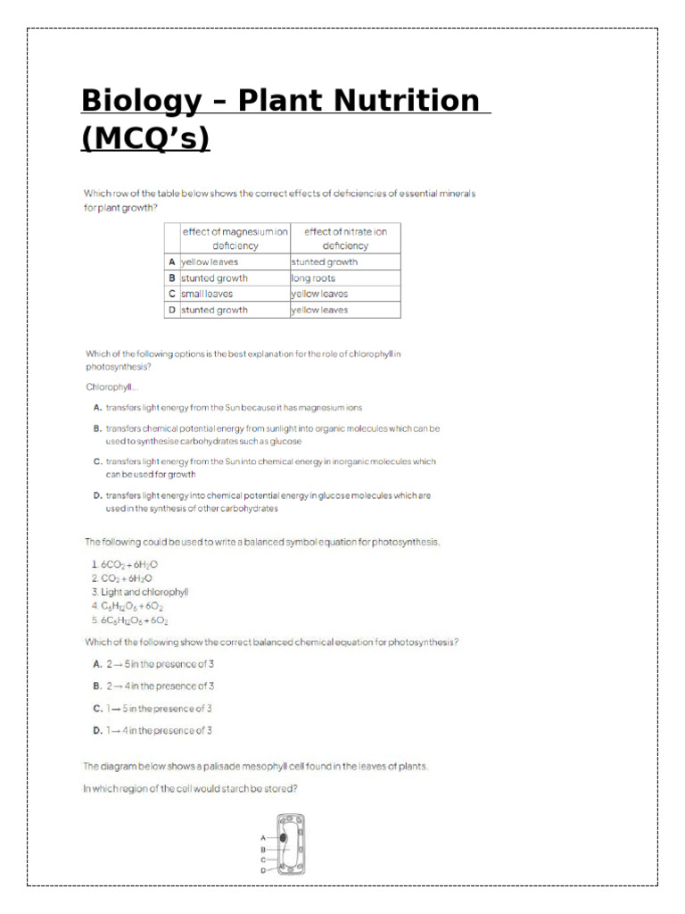 Biology - Plant Nutrition (MCQ'S) | PDF