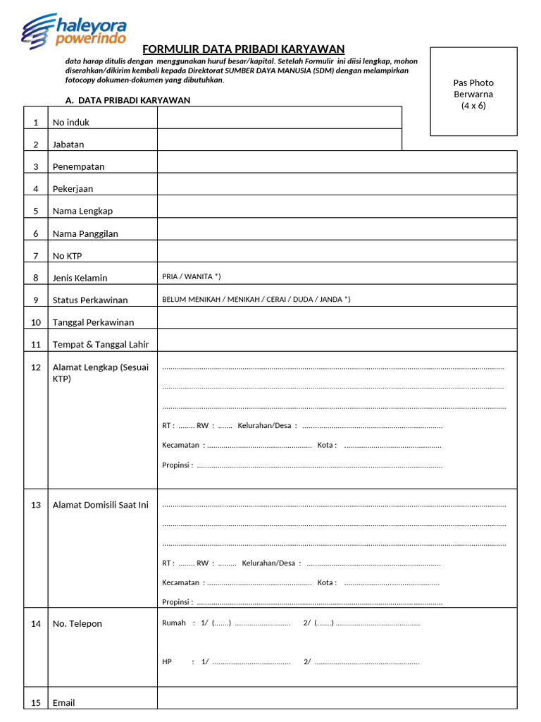Formulir Data Karyawan (Biodata) | PDF