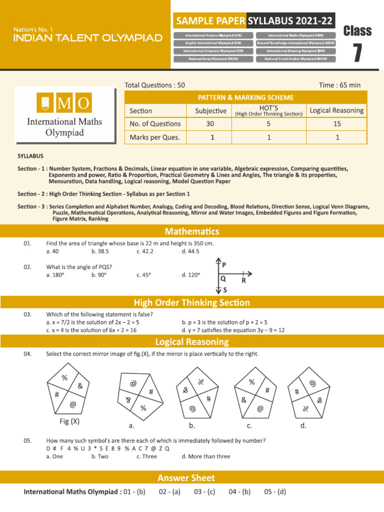 Maths Sample Question Paper Class-7 | PDF