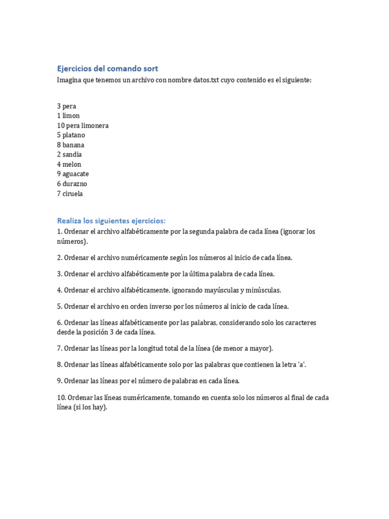 Ejercicios Comando Sort | PDF
