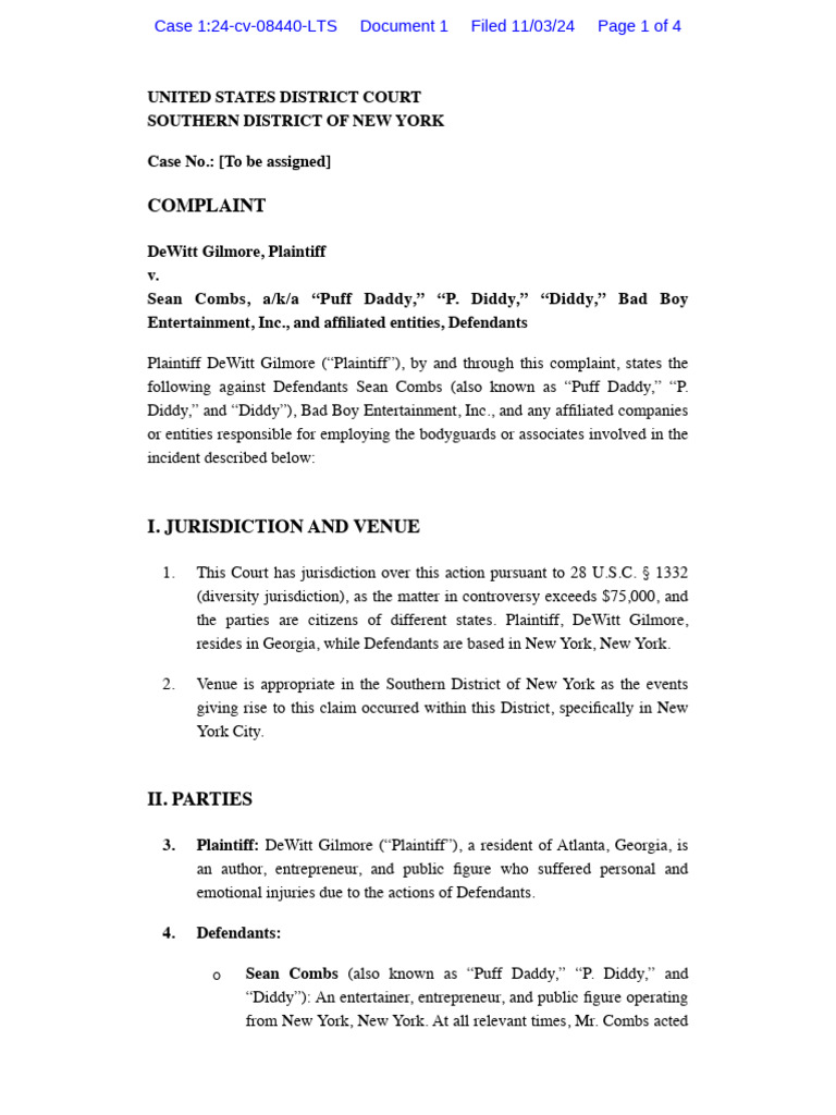 De Witt Gilmore V Combs Threateed With A Gun | PDF | Damages | Legal Remedy