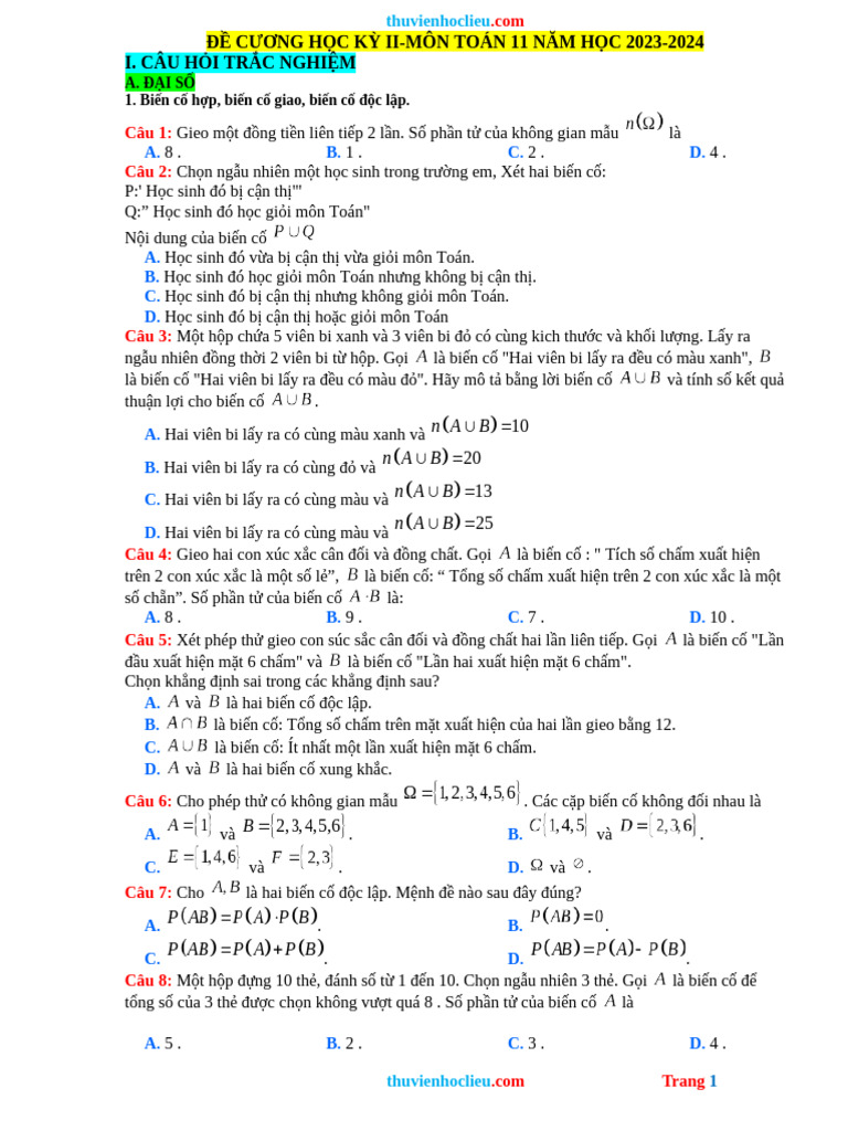 De Cuong Tap HK2 Toan 11 KNTT 23 24 | PDF