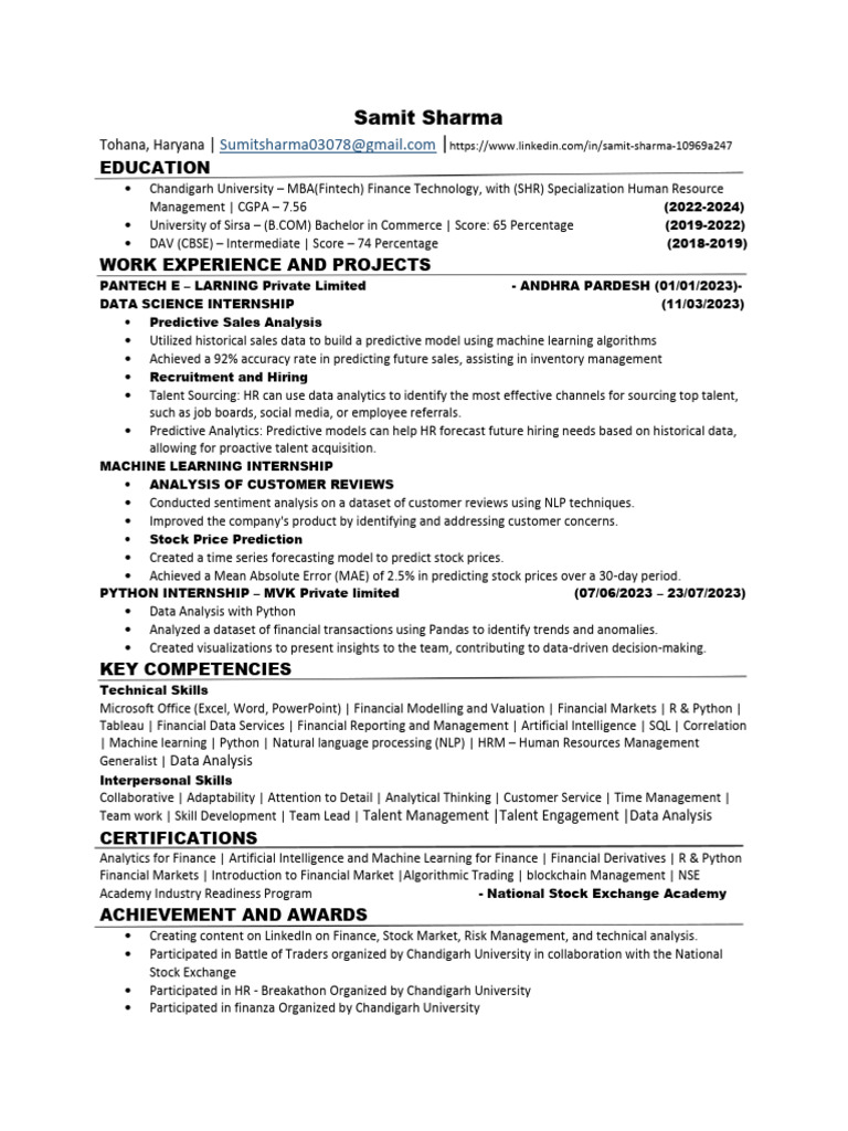 Samit Sharma resume FOR HR | PDF | Analytics | Predictive Analytics