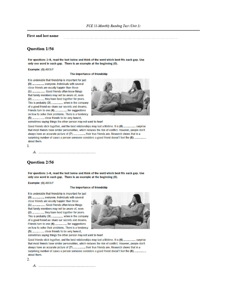 FCE 51-Monthly Reading Test (Unit 1) - Questions | PDF