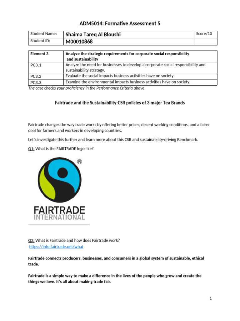 Element 3 Case Study Fairtrade Teas | PDF | Fair Trade | Corporate ...