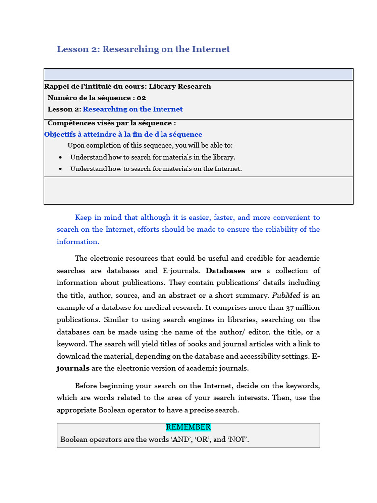 Seq 02 Lesson 2 Researching On The Internet | PDF | Libraries | Pub Med