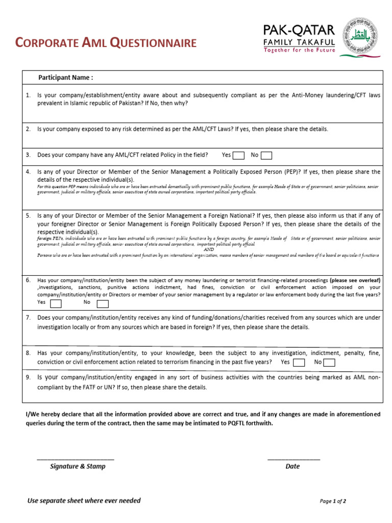 Corporate AML Questionnaire - Pak Qatar | PDF | Terrorism Financing | Deviance (Sociology)