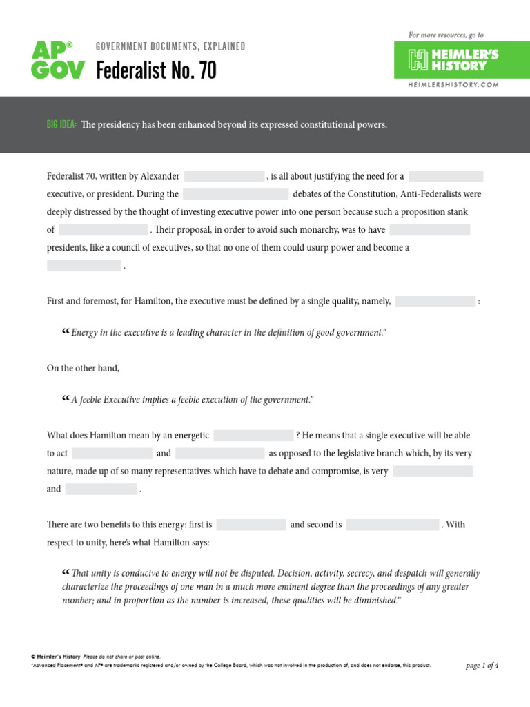 AP Gov Federalist No 70 Noteguides | PDF