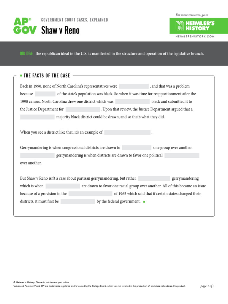 AP Gov Shaw V Reno Noteguides | PDF | Equal Protection Clause | Law Of ...
