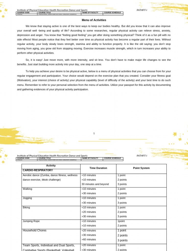 Menu of Activities | PDF | Physical Fitness | Physical Exercise