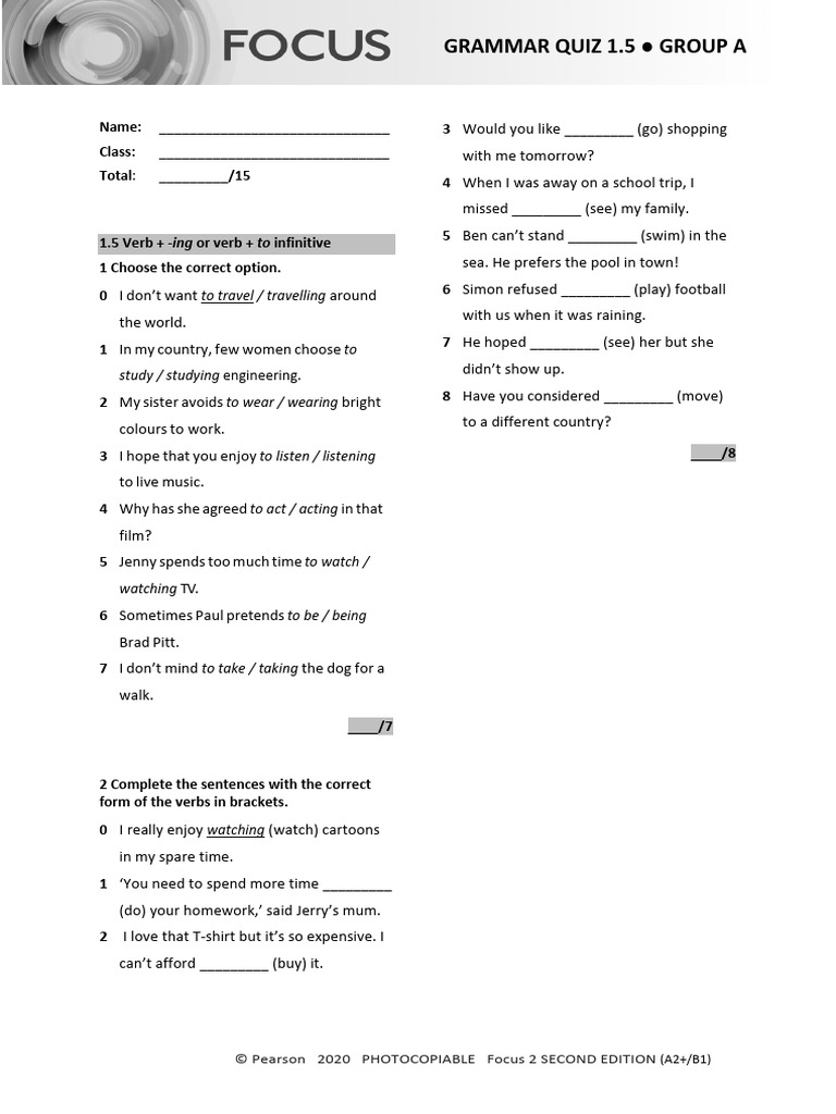 Focus2 2E Grammar Quiz Unit1 5 GroupA | PDF