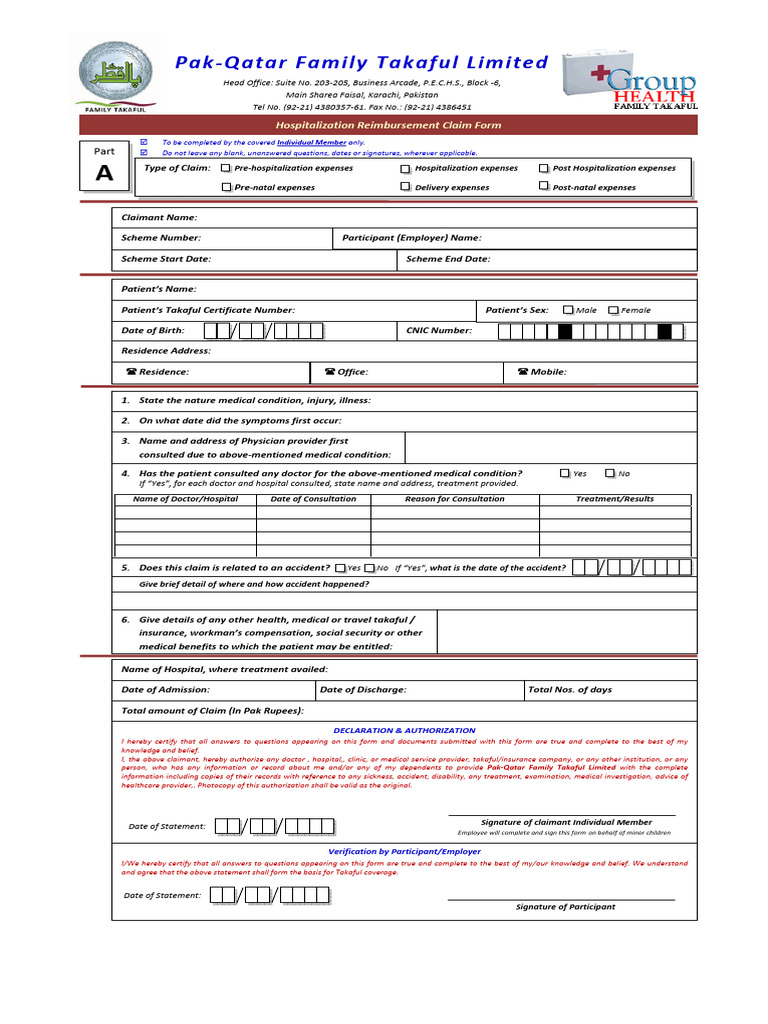 Hospitalization Reimbursement Claim Form - Part A | PDF | Patient ...