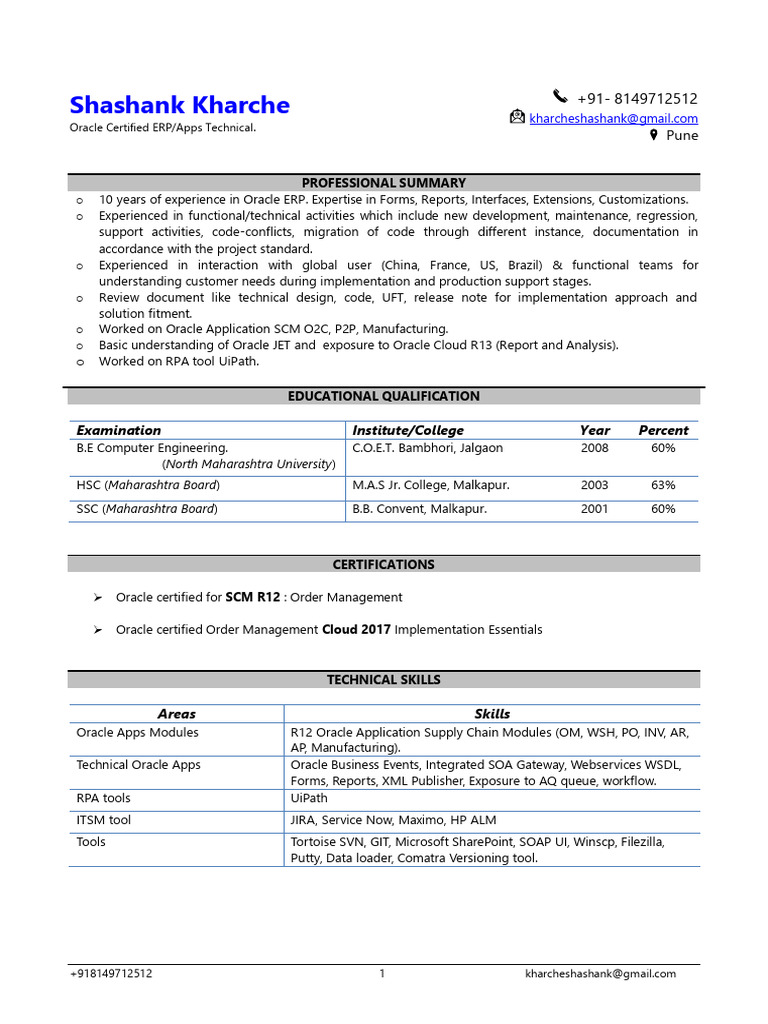 Resume Shashank Kharche OracleApps | PDF | Web Service | Receipt
