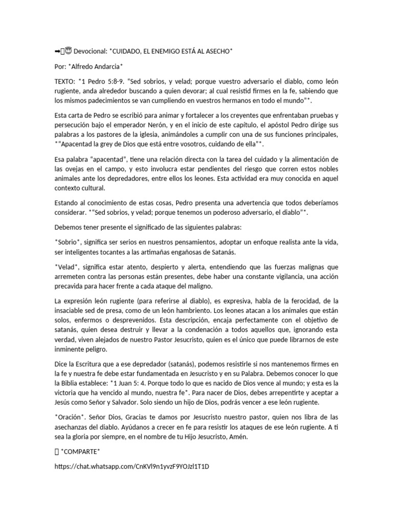Devocional CUIDADO CON EL LEON RUGIENTE | PDF | Diablo | Satán