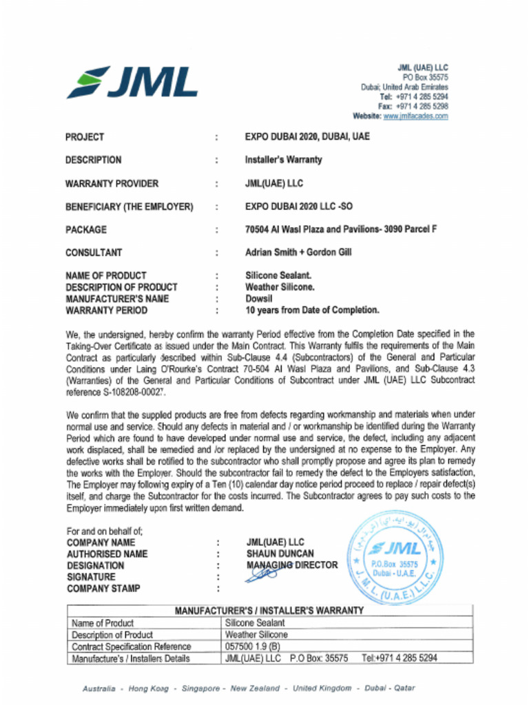 JML-Installer Warranty-Silicone Sealants | PDF
