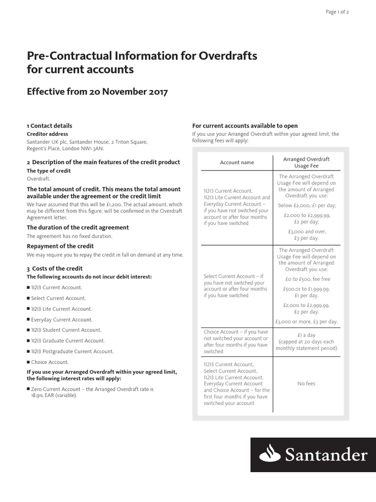 Pre Contract Information For Overdraft | PDF | Overdraft | Transaction Account